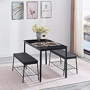 PEITAIKO 47.2" Rectangular MDF Dining Table/Mid Century Modern Metal Legs Kitchen Table (Imitation Marble) (MDF Board+Metal, Black Marble Effect)