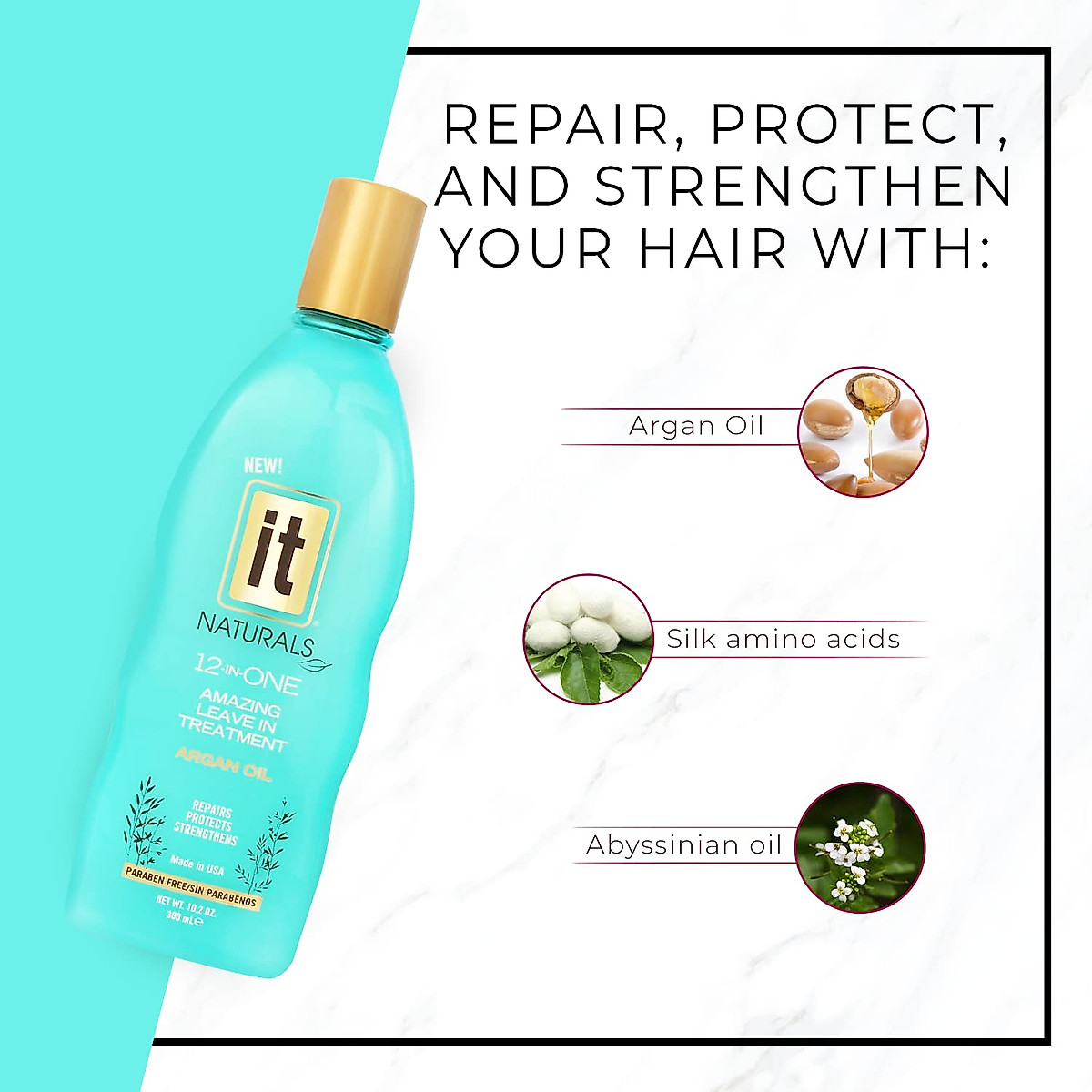 IT Naturals Argan Oil 12-In-One Amazing Leave In Treatment, 10.2oz - Repairs, Protects & Strengthen Hair Split Ends & Breakage - for All Hair Types - Moisturizing & Volumizing - Paraben Free