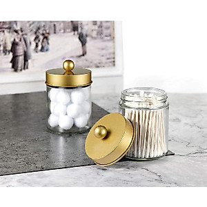 Amolliar Apothecary Jars Bathroom Storage Organizer -Countertop Storage Organizer Canister Jar - Cute Qtip Dispenser Holder Glass with Lid- for Cotton Swabs,Bath Salts,Hair Band / 2-Pack(Gold)