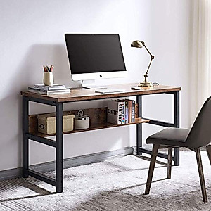 AMOAK Computer Desk 47" with Bookshelf, Office Desk, Writing Desk, Wood and Metal Frame, 1.18in (3cm) Thickened Desktop, Industrial Style, Study Table for Home Office, Retro Brown