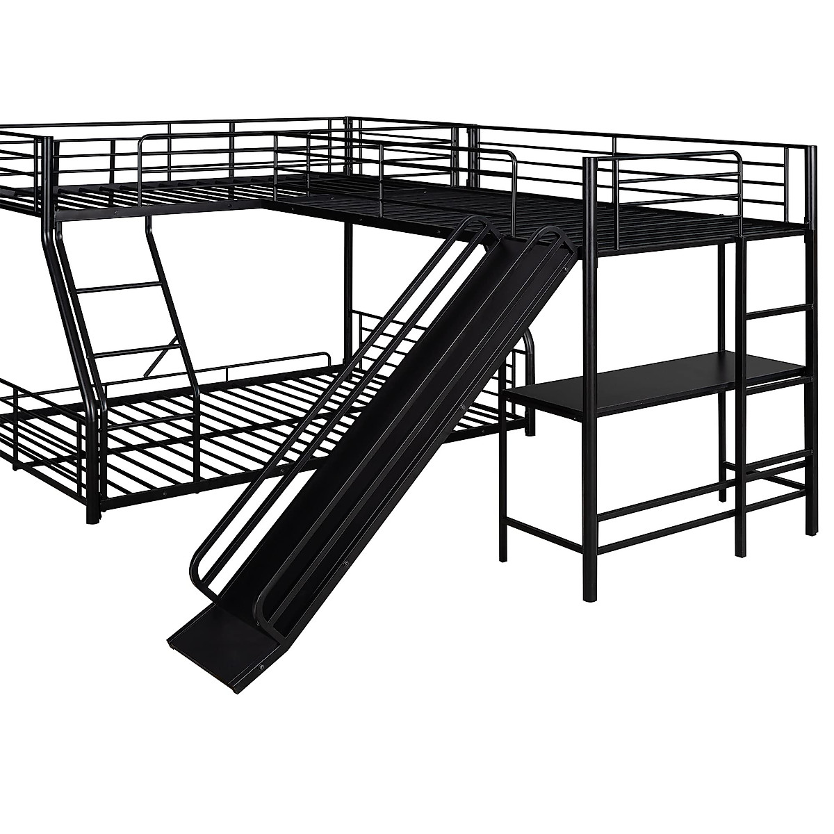 GINGVAT Twin Over Full BunkBed with LoftBed,L-Shaped Triple Bunk Bed with Slide,Built-in Desk for Kids,No Spring Box Required,Black
