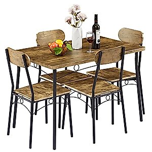 VECELO 5 Piece Dining Table Set, Metal and Wood Rectangular Kitchen Bar Breakfast Nook, Dinette with 4 Chairs, Room, Brown