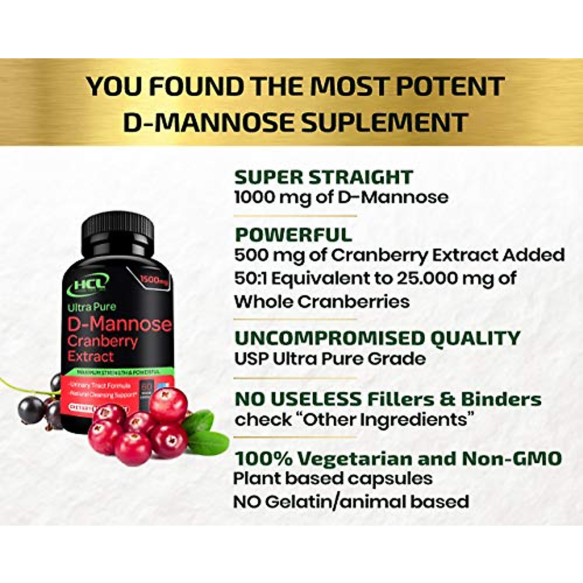 HCL HERBAL CODE LABS D-Mannose with Cranberry Extract Capsules 1500mg Super Strength Pills – Fast-Acting UTI Urinary Tract – Bladder Health Supplement