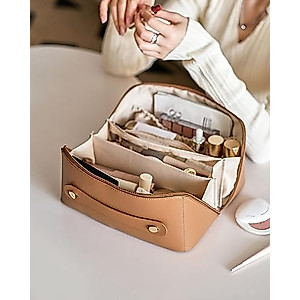 EACHY Travel Makeup Bag,Large Capacity Cosmetic Bags for Women,Waterproof Portable Pouch Open Flat Toiletry Bag Make up Organizer with Divider and Handle (Large-Brown, Large)