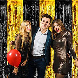 4 Pack Black Gold Foil Fringe Curtain Backdrop, 3.28Ft x 6.56Ft Metallic Tinsel Foil Fringe Streamers Curtains for Photo Booth, Wedding, Graduation, Birthday, Carnival Party Decoration