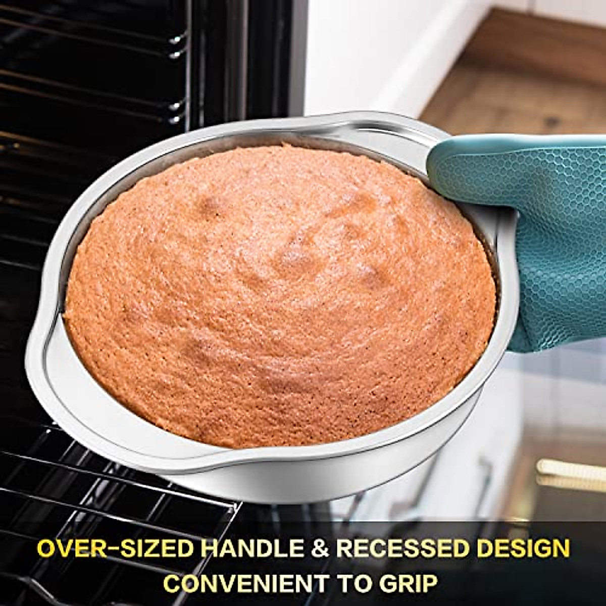 E-far 8 Inch Cake Pan Set of 2, Stainless Steel Round Cake Pans Tins with Handle for Baking Birthday Wedding Layer Cakes, Easy Grip & Straight Side, Mirror Finish & Dishwasher Safe