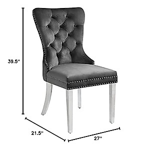 Meridian Furniture Carmen Collection Modern | Contemporary Velvet Upholstered Dining Chair with Button Tufting and Chrome Metal Legs, Set of 2, Grey, 21.5" W x 27" D x 39.5" H