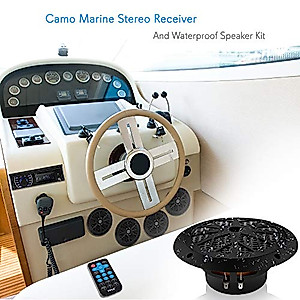 Pyle Marine Head Unit Receiver Speaker Kit - In-Dash LCD Digital Stereo Built-in Bluetooth & Microphone w/ AM FM Radio System 6.5’’ Waterproof Speakers (4) MP3/SD Readers & Remote Control -PLMRKT48BK