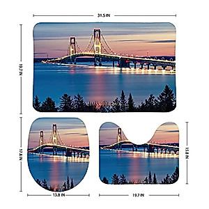Landscape 4 Piece Shower Curtain Sets for Bathroom Mackinac Bridge Night Lights St Ignace Michiganravel per Peninsul with Shower Curtain Toilet Cover Floor Mat Accessories 72 X 72 Inch Length