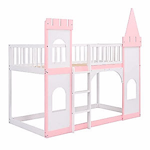 BOVZA Castle Bed Kids Bunk Bed Twin Over Twin with Ladder and Safety Guardrails for Girls Boys, Pink