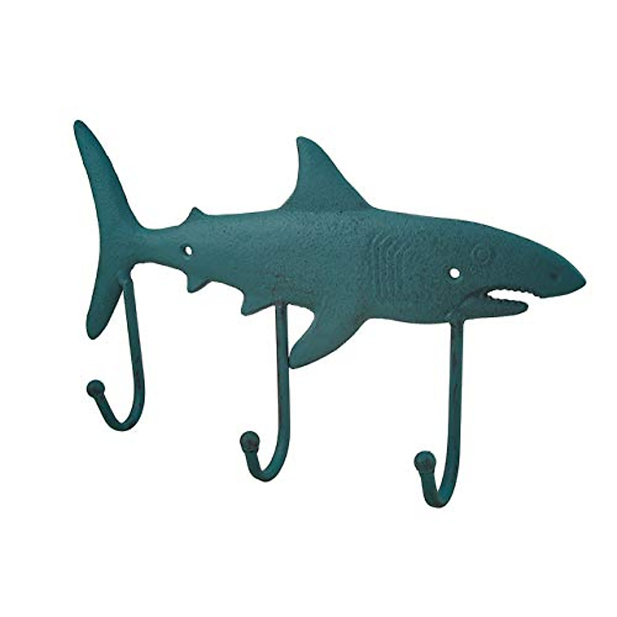 Zeckos Teal Blue Cast Iron Shark Shaped Decorative Wall Hook Rack Ocean Nautical Decor 12.5 Inches Long