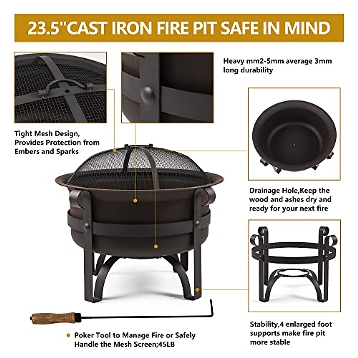 WeCooper Steel Cauldron Fire Pits, Outdoor Round Wood Burning Fire Pit Bowl with Mesh Screen,Fireplace Poker,23.5Inch