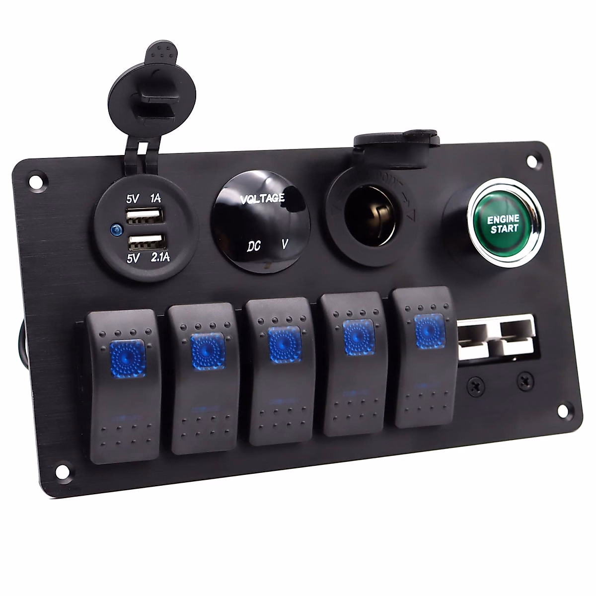Cigarette Lighter Power Socket Panel, LOKEKE Waterproof 5 Gang Marine Boat Rocker Toggle Switch Panel with Engine Start Push Button + LED Voltmeter + Anderson Connector + Dual USB Socket for RV Truck