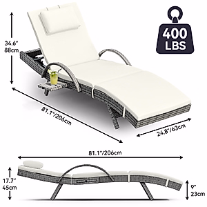 YITAHOME Patio Chaise Lounge Chair Set of 2, Wicker Chaise Lounge Outdoor Rattan Reclining Chair with Armrests/Pull-Out Cup Holder/5-Position Backrest/Cushion & Headrest-Beige