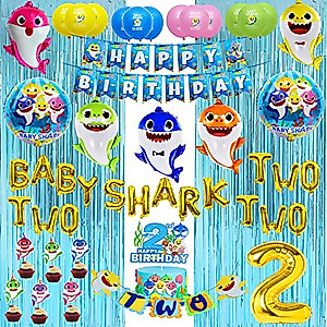 Empire Party Supply Baby Shark 2nd Birthday Decorations, Baby Shark Two Two Two, Shark Family Foil Balloons, Banner, Cake Topper, Blue Foil Curtains for Boy Girl Ocean Themed Party Supplies