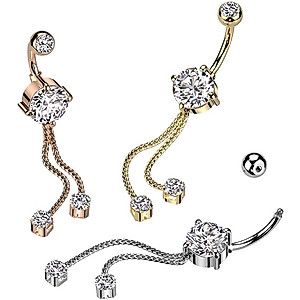 316L Surgical Steel Double Jeweled CZ With 2 Rope Chain Dangle Belly Button Ring (Gold)