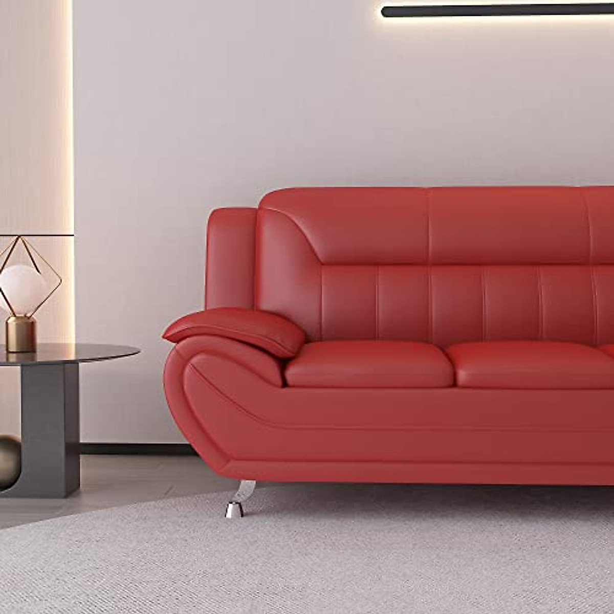 Container Furniture Direct Michael Modern Faux Leather Upholstered Stainless Steel Legs Living Room, Sofa, Persian Red