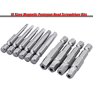 Saipe 10-Piece Magnetic Pentagon Head Screwdriver Bit Set Metric Sizes 1/4 Inch Hex Shank 5 Sided Security Tamper Proof Screw Driver Drill Bits, 50mm/2inch Length for Power Drills and Impact Drivers