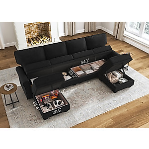 HONBAY Sectional Sofa with Storage Seat Velvet U Shaped Sectional Couch with Reversible Chaise Convertible Sectional Couches for Living Room,Black