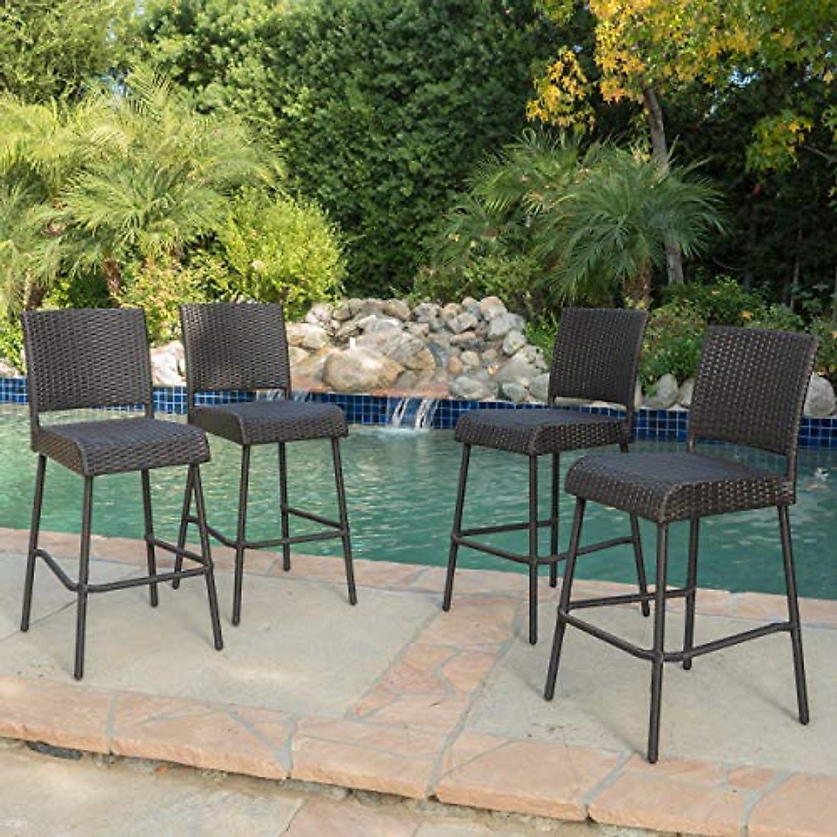 Christopher Knight Home Neal Outdoor Wicker Barstools, 4-Pcs Set, Dark Brown