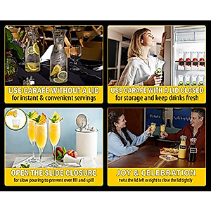 AYL Set of 2 Glass Carafe with Lids, 32 Oz Water Pitcher Beverage Serveware Carafe, Clear Glass Pitcher for Mimosa Bar, Cold Water, Brunch, Wine, Juice, Milk, Iced Tea, Lemonade,1 Hand Pour Lid