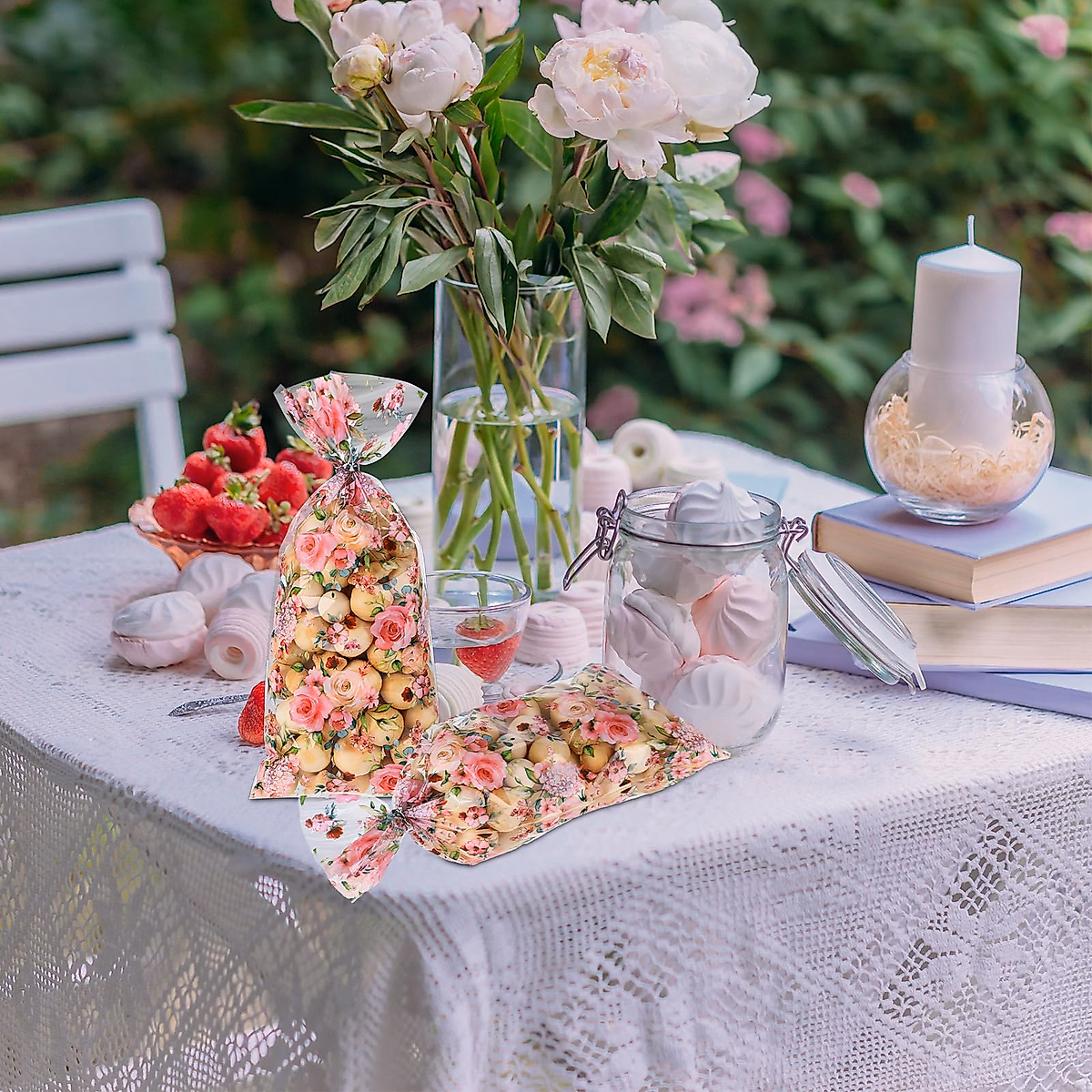 Outus 100 Pieces Eucalyptus Party Cellophane Treat Bag Floral Candy Bags for Baby Shower Wedding Bridal Shower Supplies Favors Decorations Birthday Theme Greenery Floral Graduation Decor (Flowers)