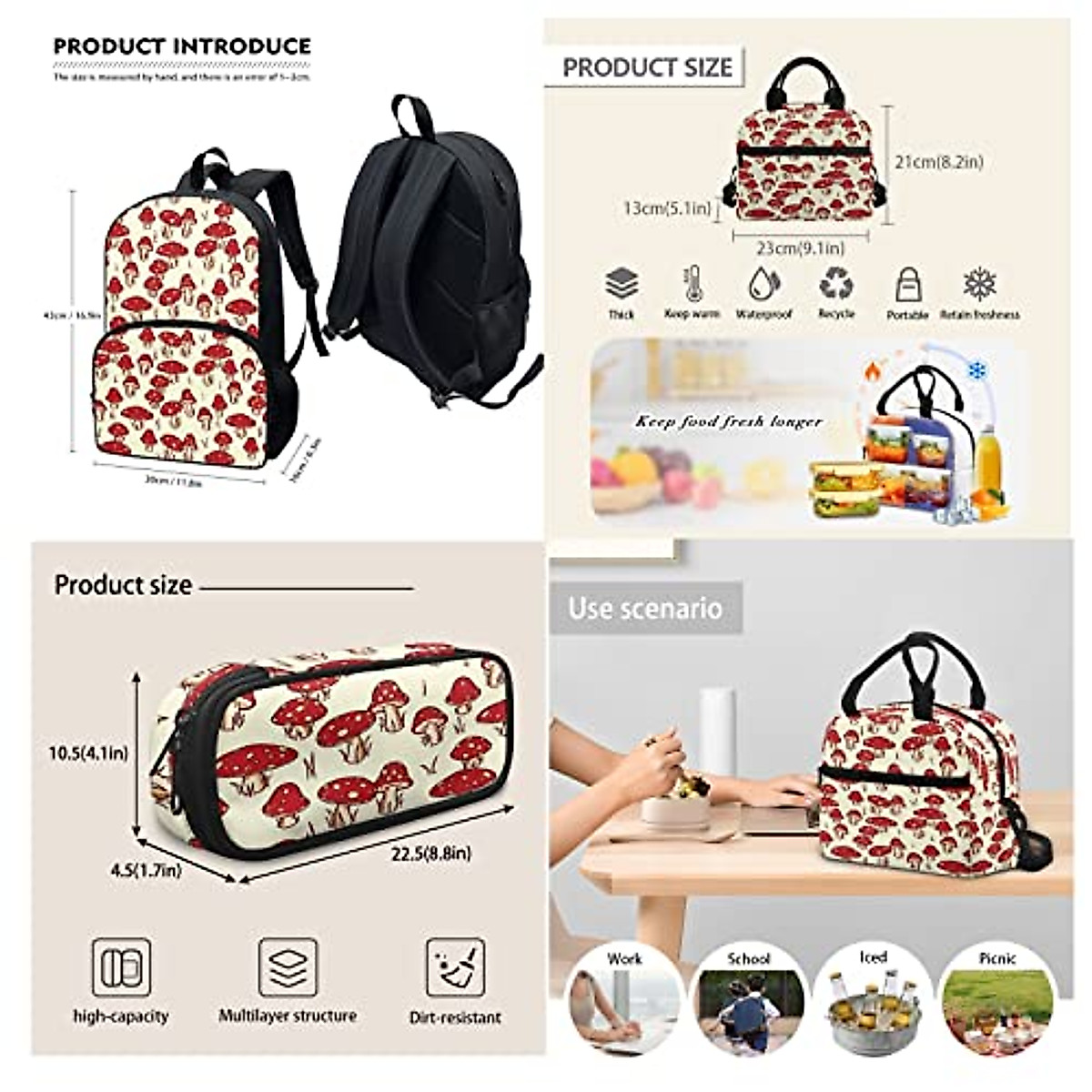 Mushroom Durable Travel Backpack Art Painted Tote Backpack for Women Girls Print Laptop Backpack for College Students Lunch Box with Zipper for Hiking Portable Pencil Bag for Boys Girls