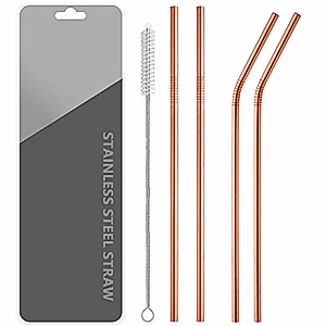 AIPRODA Long Reusable Stainless Steel Straws,Fits 30 oz Tumbler & 20oz Tumblers,Eco Friendly Drinking Straws,Set of 4 Stainless Steel Straws (2 Straight+2 Bent+1 Brush)(rose gold)