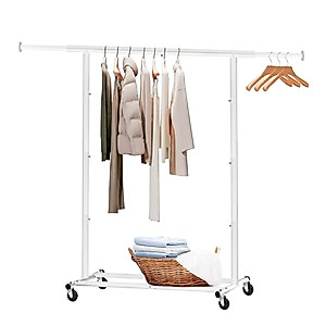 Fishat Freestanding Heavy Duty Metal Clothing Garment Rack Hanging Clothes on Lockable Wheels Mobile for Coats Dresses, Dorm Bedroom Home Balcony, Rolling Organizer Simple Standard Rod Portable, White