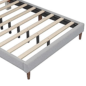 Queen Size Upholstered Platform Bed Frame with Vertical Channel Tufted Headboard, Modern Upholstered Platform Bed with Wood Slat Support, Heavy Duty Queen Bed Frames, No Box Spring Needed (Gray)