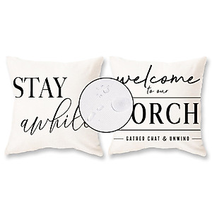 TAJWE Outdoor Pillow Covers Waterproof 18x18 Set of 2 Welcome to Our Porch Stay Awhile Cushion Cases for Patio Furniture Sofa Couch Decor