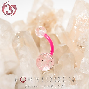 Forbidden Body Jewelry Belly Button Rings Metal Free Belly Ring Bioflex Barbell with Clear or Glitter Double Balls 14G (Pink Glitter)