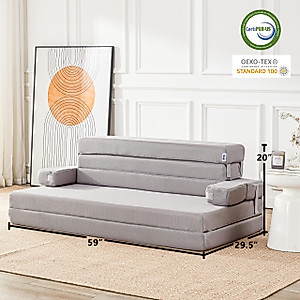 Lazyzizi Sleep 4 Inch Foldable Mattress, Portable Floor Mattress Couch with Headrest, Washable Cover, Foldable Foam Couch Queen for Guest Bed, Folding Sofa Bed, Camping, Road Trip, Dark Grey