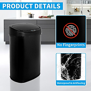 BLKMTY 13-Gallon Kitchen Trash Can 50L Stainless Steel Garbage Can Tall Automatic Trash Bin Touchfree Trash Cans Motion Sensor Garbage Bin Metal Waste Bin with Lid for Office Bathroom, Black