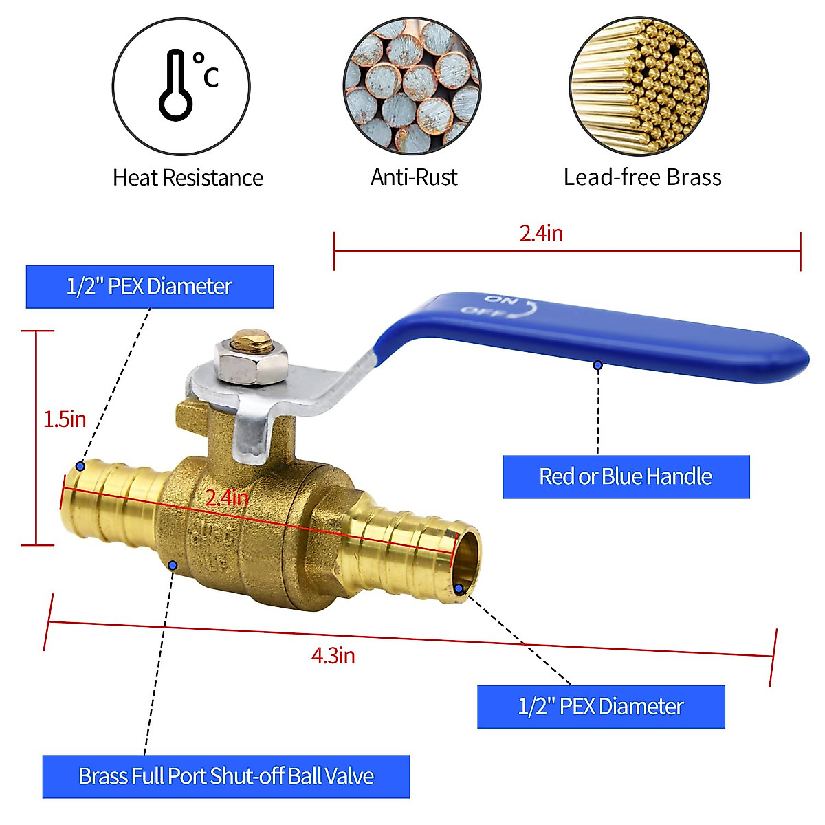 4pcs PEX Ball Valves, 1/2" PEX Brass Full Port Shut Off Ball Valve, PEX Brass Full Port Shut-off Ball Valve, Quarter Turn HOT (RED) COLD (BLUE) of Water Stop Shut off (1/2", 4pcs)