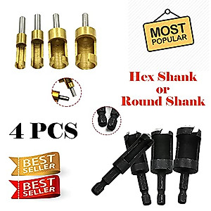 4pcs Wood Plug Hole Titanium Coated Cutter Drill Bits Set 6mm/10mm/13mm/16mm Cutting Dowel Power Woodworking Cork Hole Saw Tool Hex Shank