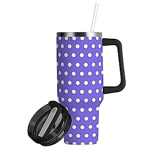 Flradish 30oz Tumbler with Handle, Polka Dots Purple White Stainless Steel Tumbler with Lid and Straws Double Wall Vacuum Insulated Leakproof Coffee Travel Mug