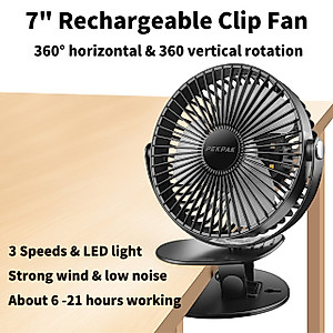Clip on Fan,7 Inch 5000mAh Battery Operated Fan,Rechargeable Personal Fan,3 in 1 Desk Portable Usb Fan,LED Light,3 Speeds,720°Rotation for Travel/Stroller/Bed/Office/Camping/Dorm/Bedroom(Black)
