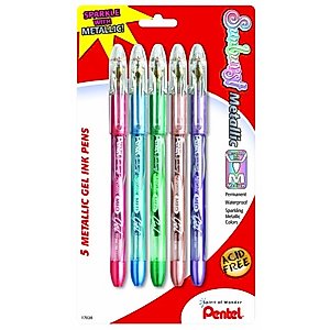 Pentel Sunburst Metallic Gel Pen, Medium Line, Permanent, Assorted Ink, 5 Pack (K908MBP5M1)