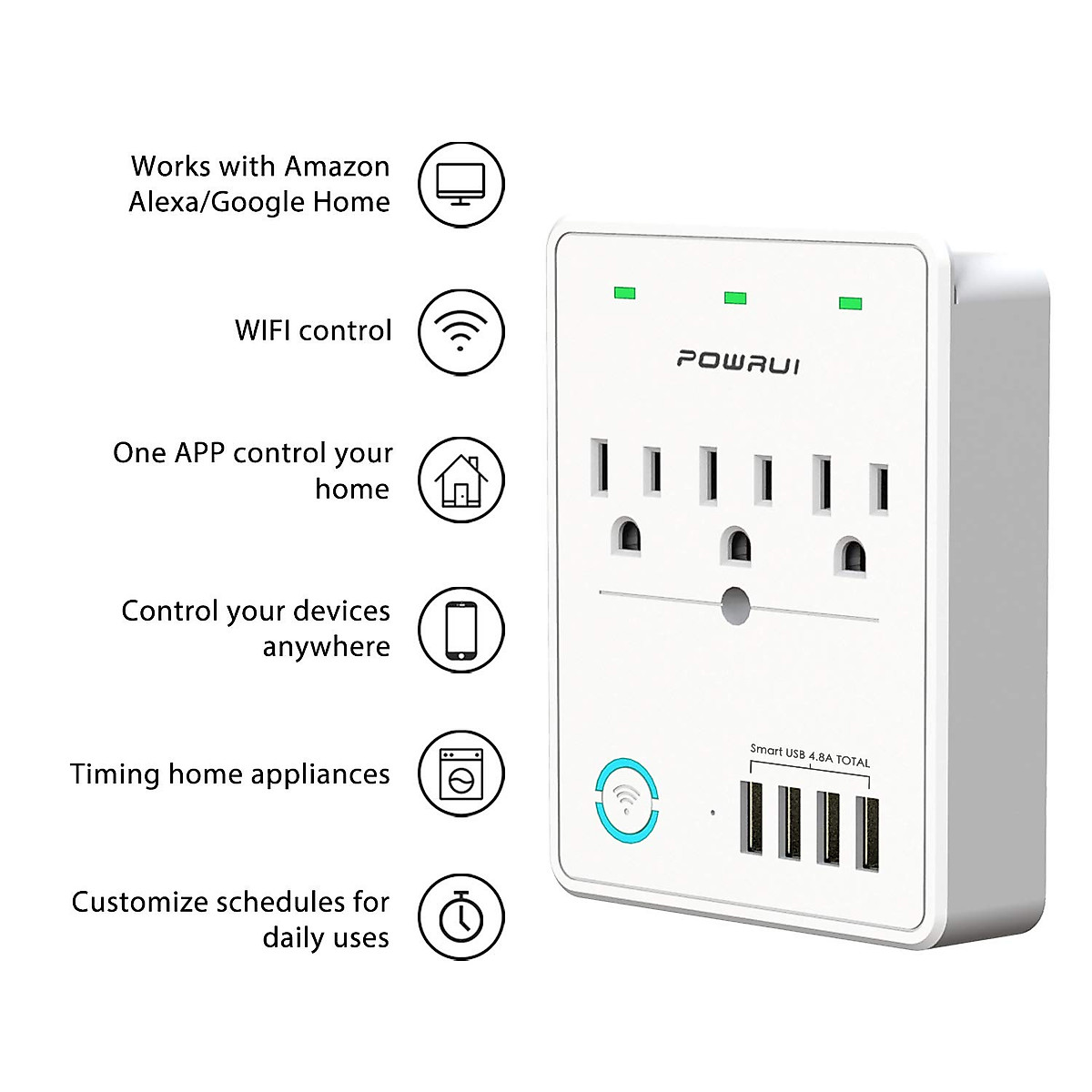 Smart Plug（2.4G Only）, USB Wall Charger, POWRUI WiFi Surge Protector with 4 USB Charging Ports(4.8A 24W Total) and 3 Smart Outlet Extender, Compatible with Alexa Google Assistant for Voice Control