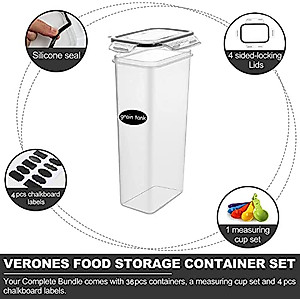 VERONES Cereal Storage Container Set, 36pcs Airtight Food Storage Containers, BPA Free Kitchen Pantry Organization for Flour, Sugar, Cereal Plastic Canisters with Black Locking Lids