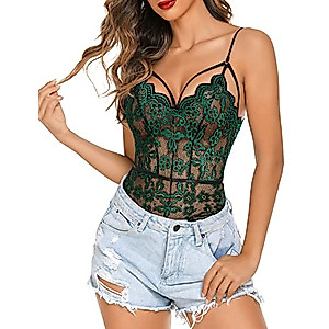 Avidlove Teddy Lingerie for Women Deep V One Piece Lingerie Sexy Lace Bodysuit (Black and Green,Medium)