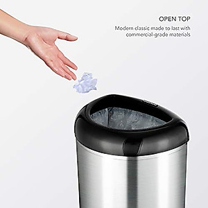 NINESTARS OTT-50-19BK Open Top Office Bathroom Trash Can, 13 Gal 50L, Stainless Steel Base (D Shape, Black Lid)