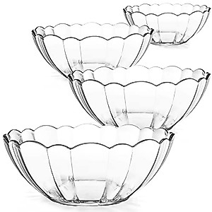 DEAYOU 4 Pack Clear Serving Bowls, Acrylic Salad Mixing Bowls, Party Snack or Chip Bowl, Break-Resistant Disposable Catering Bowls Punch Bowl for Entertaining, Fruit, Vegies, 4 Sizes, Flower-Shape