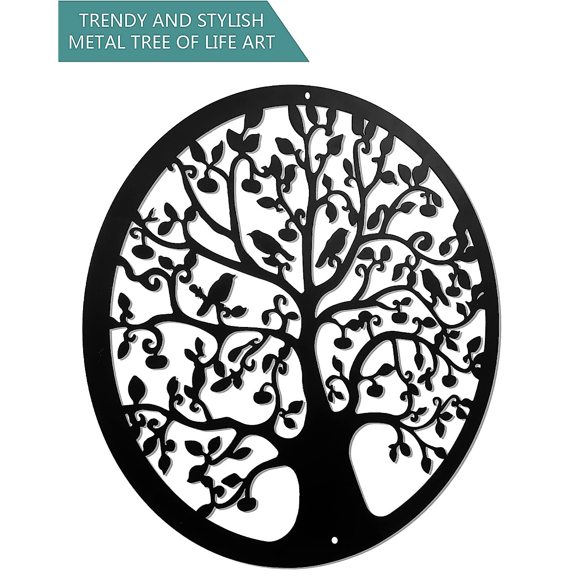 WIPHANY Metal Tree of Life Wall Hanging Art Sculpture 12 Inches Family Tree with Birds on Branches Round Contemporary Home Office Decor Cut Round Decorative Wall Hanging Garden Art Sculpture