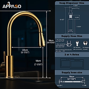 APPASO Gold Kitchen Faucet with Soap Dispenser, Brushed Gold Kitchen Sink Faucet with Pull Down Sprayer, Modern High Arch Single Handle Sink Faucet for Kitchen, 3 Modes & Champagne Gold