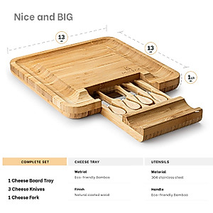 MITBAK Charcuterie Board Tray with 4 Cheese Knives | Bamboo Cheese Board Serving Tray | Cutting Board Platter Great Gift For Christmas, Thanksgiving | 13 x 13 x 1.5 Inches