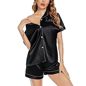 SWOMOG Woman Silk Pajamas Sets Button-Down Satin Loungewear Sleepwear 2 Pieces PJs Sets Cute Bridemide Mightwear Black