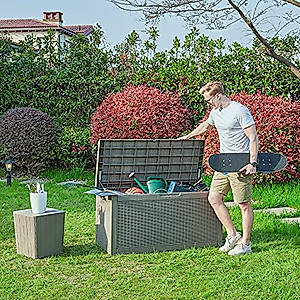 YITAHOME 100 Gallon Large Resin Deck Box Outdoor Storage with Cushion for Patio Furniture,Outdoor Cushions,Garden and Pool Supplies-Waterproof,Lockable（Light Brown）