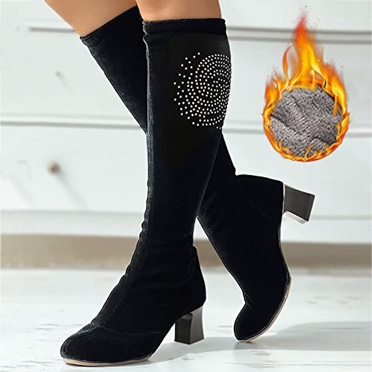 red boots, thick knee velvet fashion plush rhinestones plus heel the over stitching flock soft sole tall velvet white booties women ankle boots denim cowgirl boots